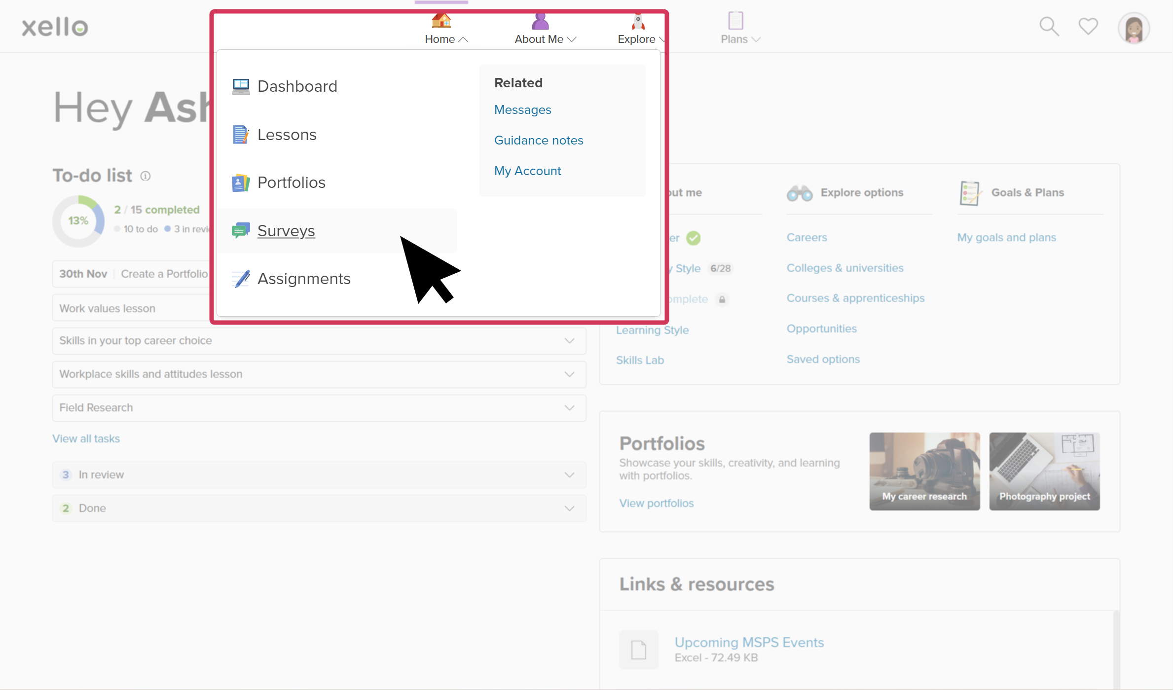 How students work with surveys in Xello