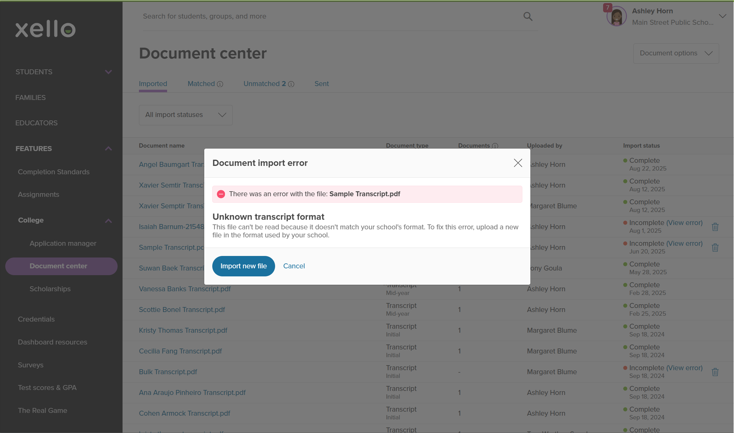 View the list of imported transcripts