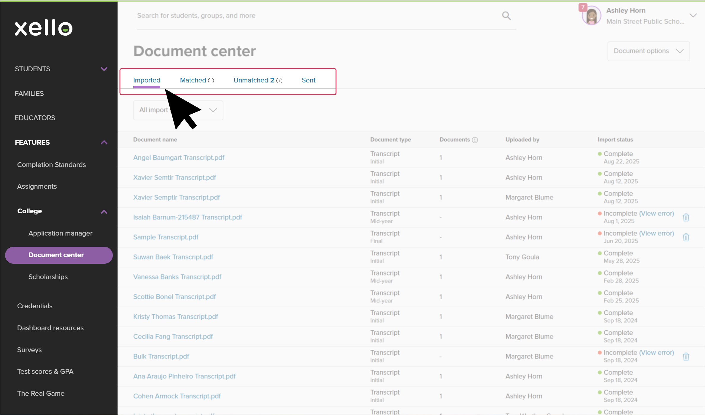 View the list of imported transcripts