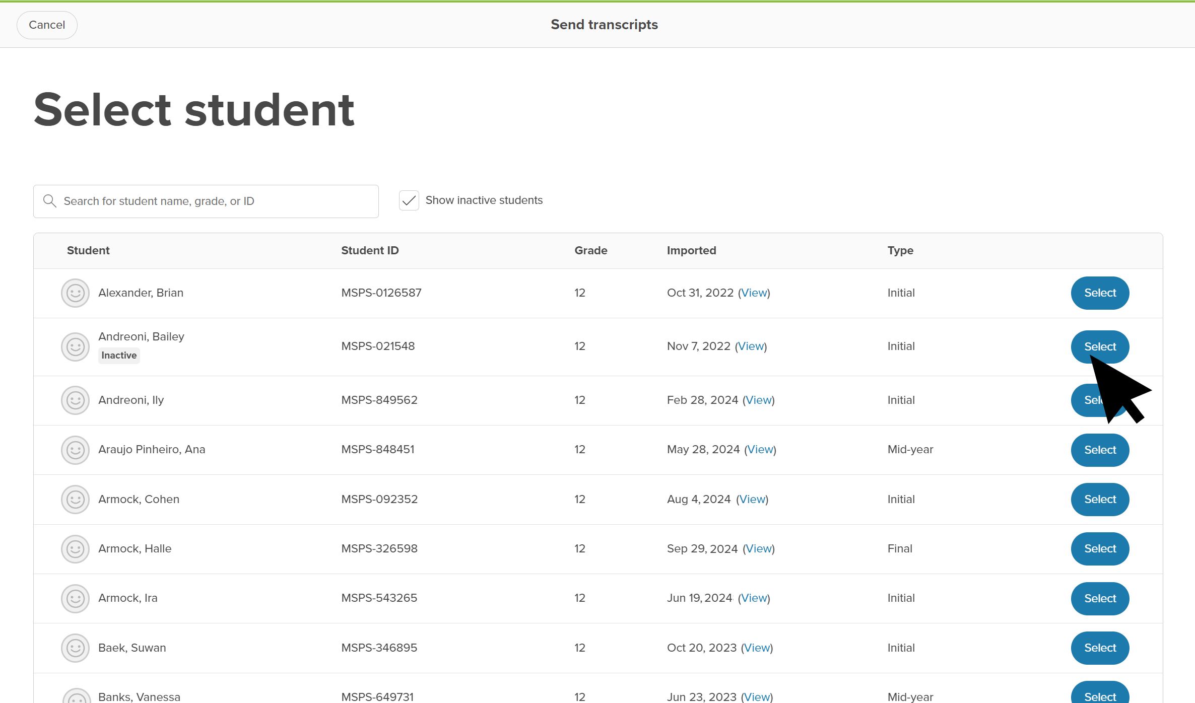 Send a transcript on behalf of a student