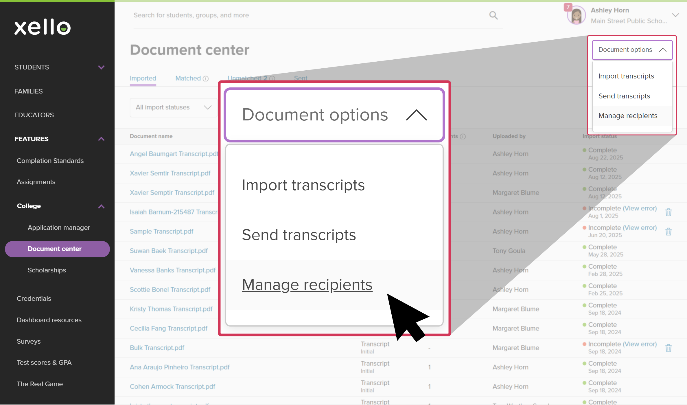 Manage transcript recipients