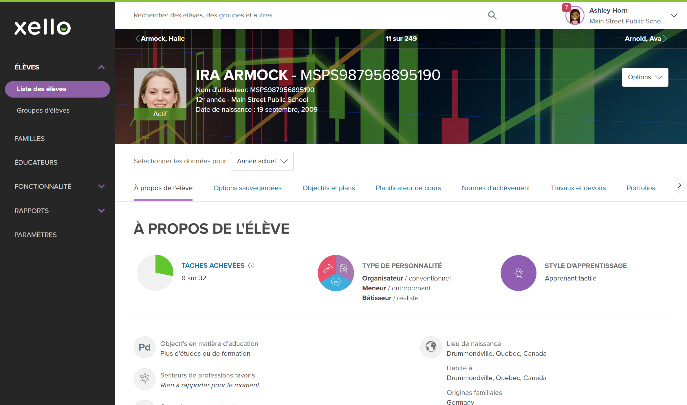 Afficher les résultats de l'évaluation d'un élève